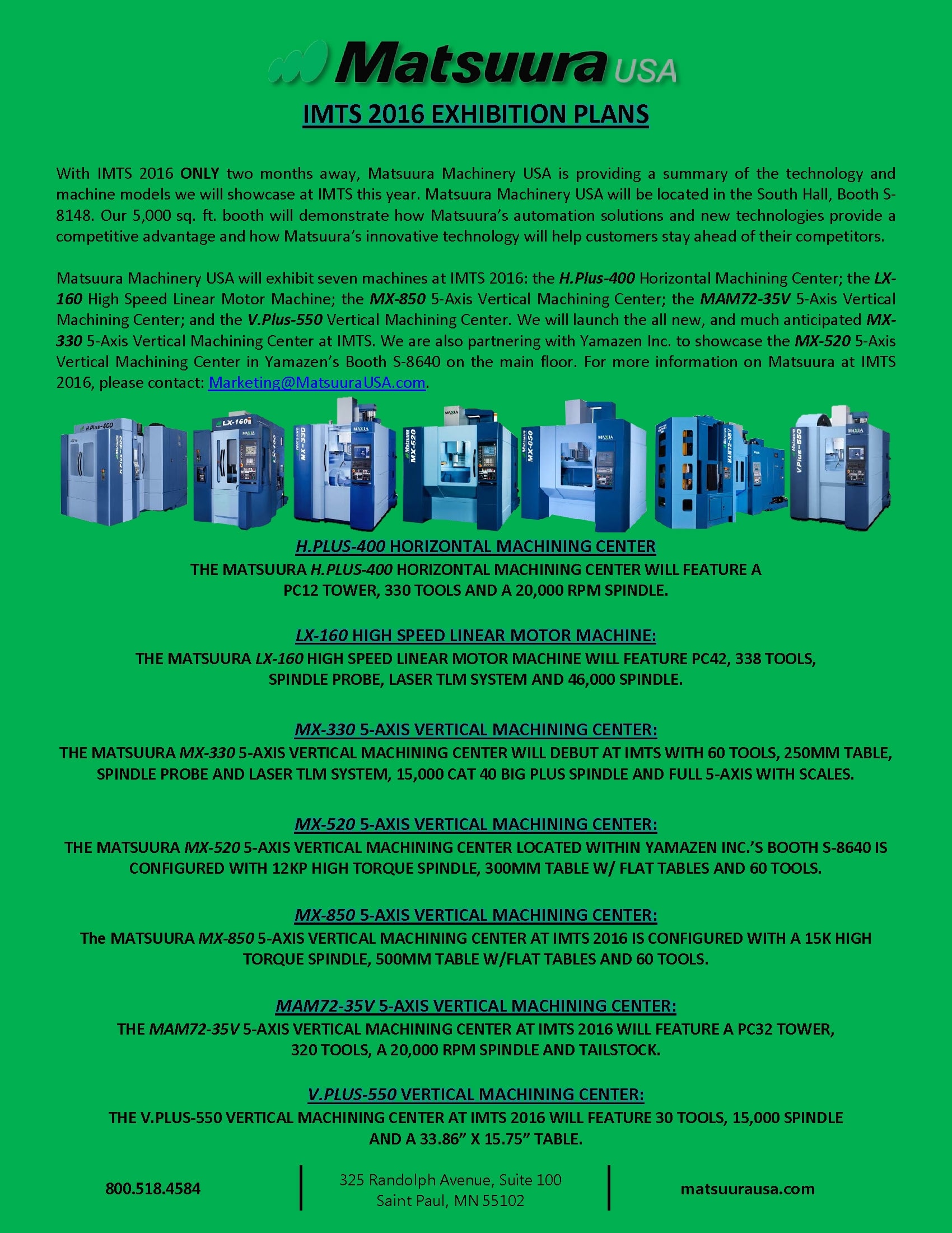 MATSUURA MACHINERY USA, WILL EXHIBIT A TOTAL OF SEVEN MACHINES AT IMTS ...
